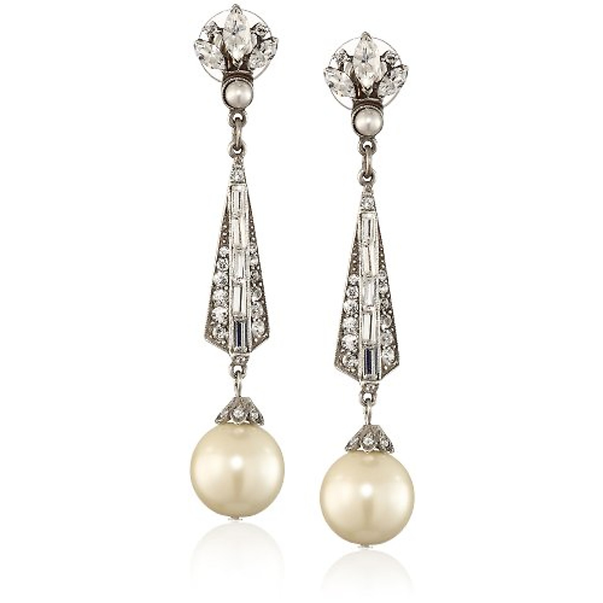 Ben-Amun Antique Silver Long Drop Earrings, Swarovski Crystal, Art Deco, Zirconia Rhinestone Pearl, Legendary Collection