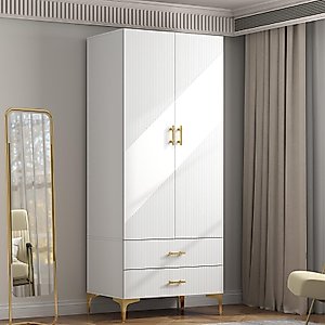 vinform Wardrobe Armoire with 2 Doors, 2 Drawers and Hanging Rods, Twill Wood Closet Storage with Metal Cabinet Legs, White 20.4" D x 31.5" W x 76.77" H (Left Modern)