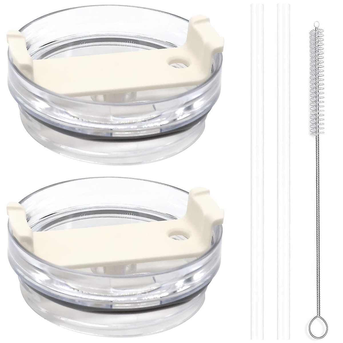 40oz Tumbler Lid Compatible for Stanley, 2 Pack Replacement Tumbler Lids Fit for Stanley Adventure Quencher 40oz Travel Tumbler with Plastic Straws and Cleaning Brush - Cream