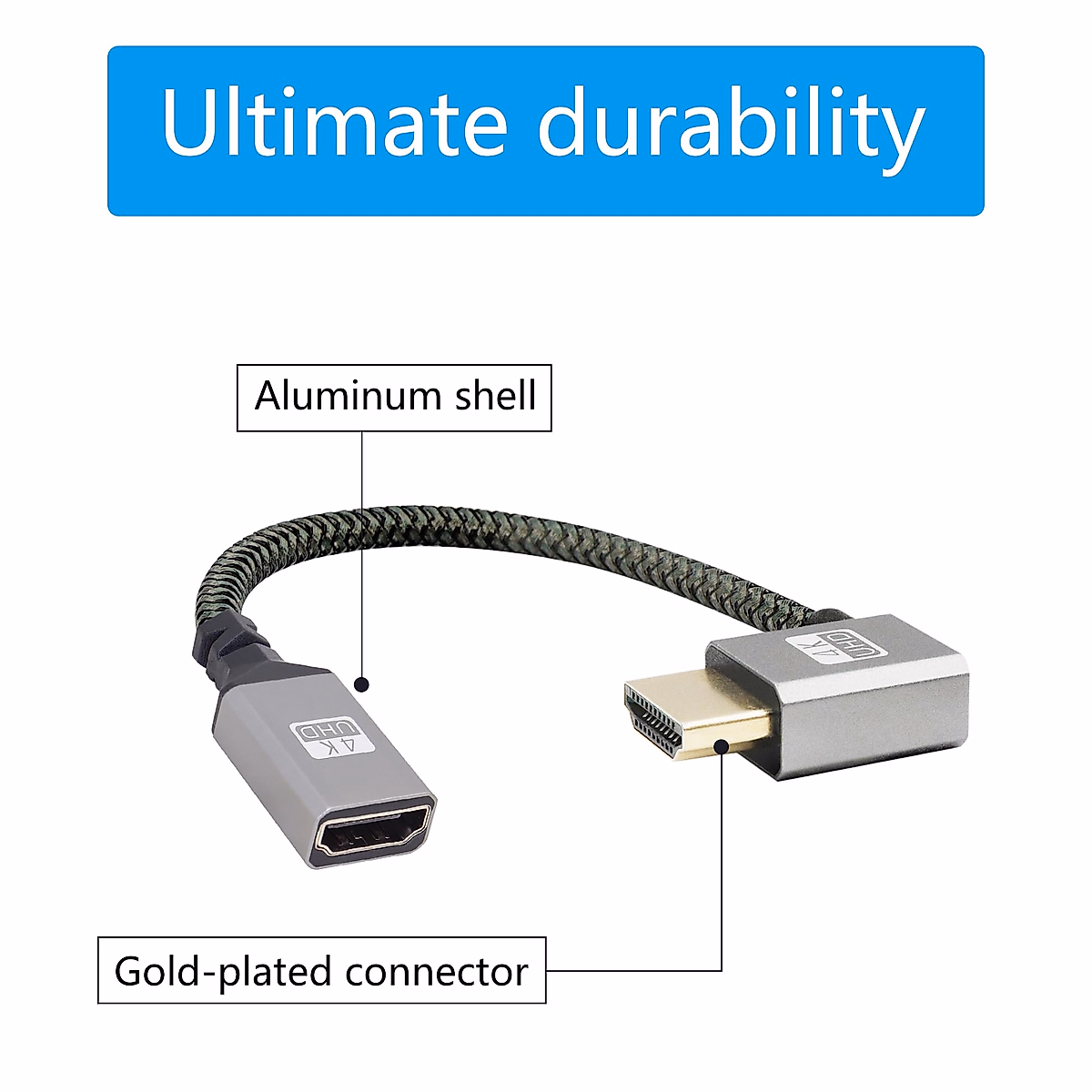 RIIEYOCA 90 Degree Right Angle UHD 4K HDMI Female to HDMI Male Braided Cable 0.59ft,18Gbps High Speed 2.0 Braided Cable, Supports 4K@60Hz,1080p,ARC,3D,for Blu-ray Players,DVRs,HDTV,Roku Ultra(2pack)