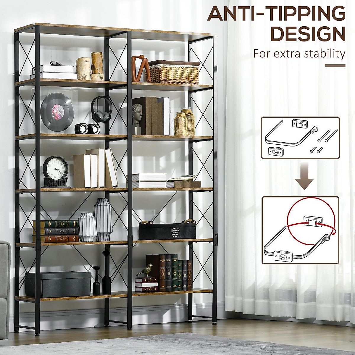 HOMCOM Bookshelf, Tall Industrial Bookcase with 6 Shelves, 5-Tier Storage Rack with Steel Frame, 53.25" Wide Display Rack, X-bar for Living Room, Home Office, Rustic Brown