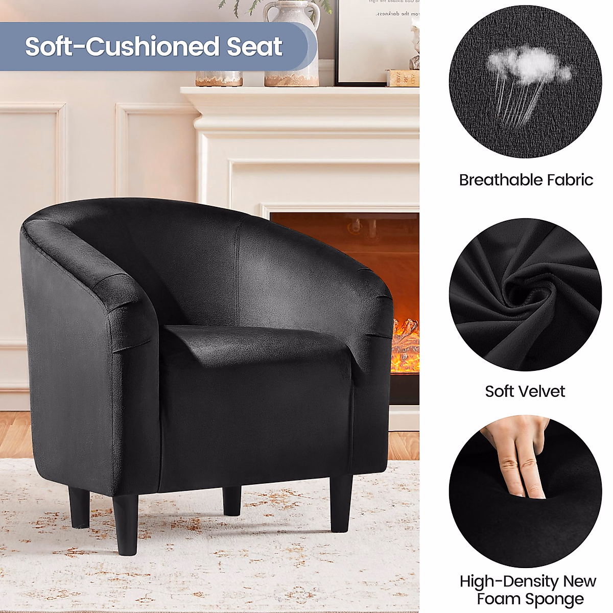 Yaheetech Barrel Chair, Modern Accent Chair Comfy Velvet Armchair Club Sofa Chair Vanity Chair for Living Room Bedroom Office Small Space, Black
