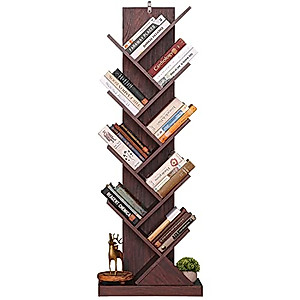 Tree Bookshelf, 9 Shelf Floor Standing Tree Bookcase with Wall Anchor, Retro Vertical Bookshelves for Living Room Bedroom Office, Book Organizer Tower Shelf Rack Stand for Books, CDs, Magazines