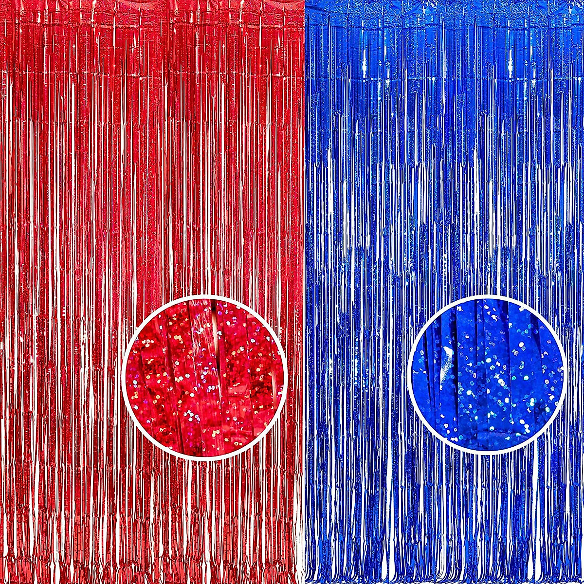 Foil Fringe Curtain Party Decorations - Red Blue Metallic Tinsel Photo Booth Backdrop Party Steamers Curtains for Birthdays Christmas New Years Valentines Bachelorette Parties