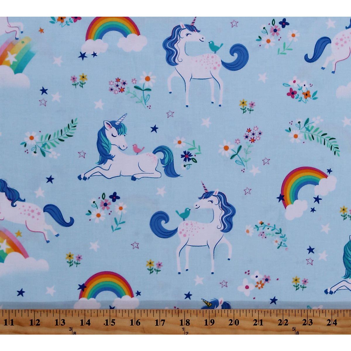 Cotton Happy Little Unicorns Fairytale Rainbows Flowers Stars Kids Girls Blue Cotton Fabric Print by The Yard (D769.60)