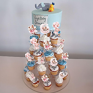 Gyufise 36Pcs Baby Shower Bear Cupcake Toppers Moon Baby Bear Baby Shower Cake Topper Decorations Jungle Animal Theme Baby Shower Birthday Party Cake Supplies Pink