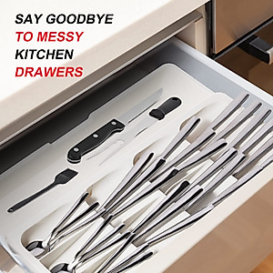 Faridabio Kitchen Drawer Organizer Tray,Expandable Cutlery Silverware Organizer Storage Tray for Kitchen Drawer Flatware Spoons Forks,Creamy White