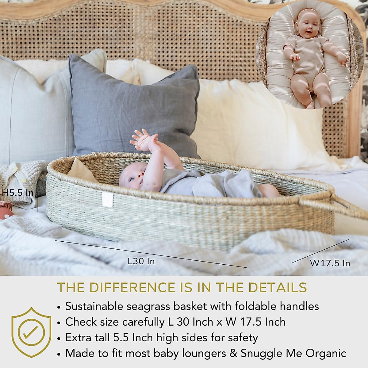 BEBE BASK Premium Baby Changing Basket - Artisan-Crafted Seagrass With Extra High Sides - Changing Basket for Baby Dresser - All Accessories Included - Complete Set for Nursery (Natural)