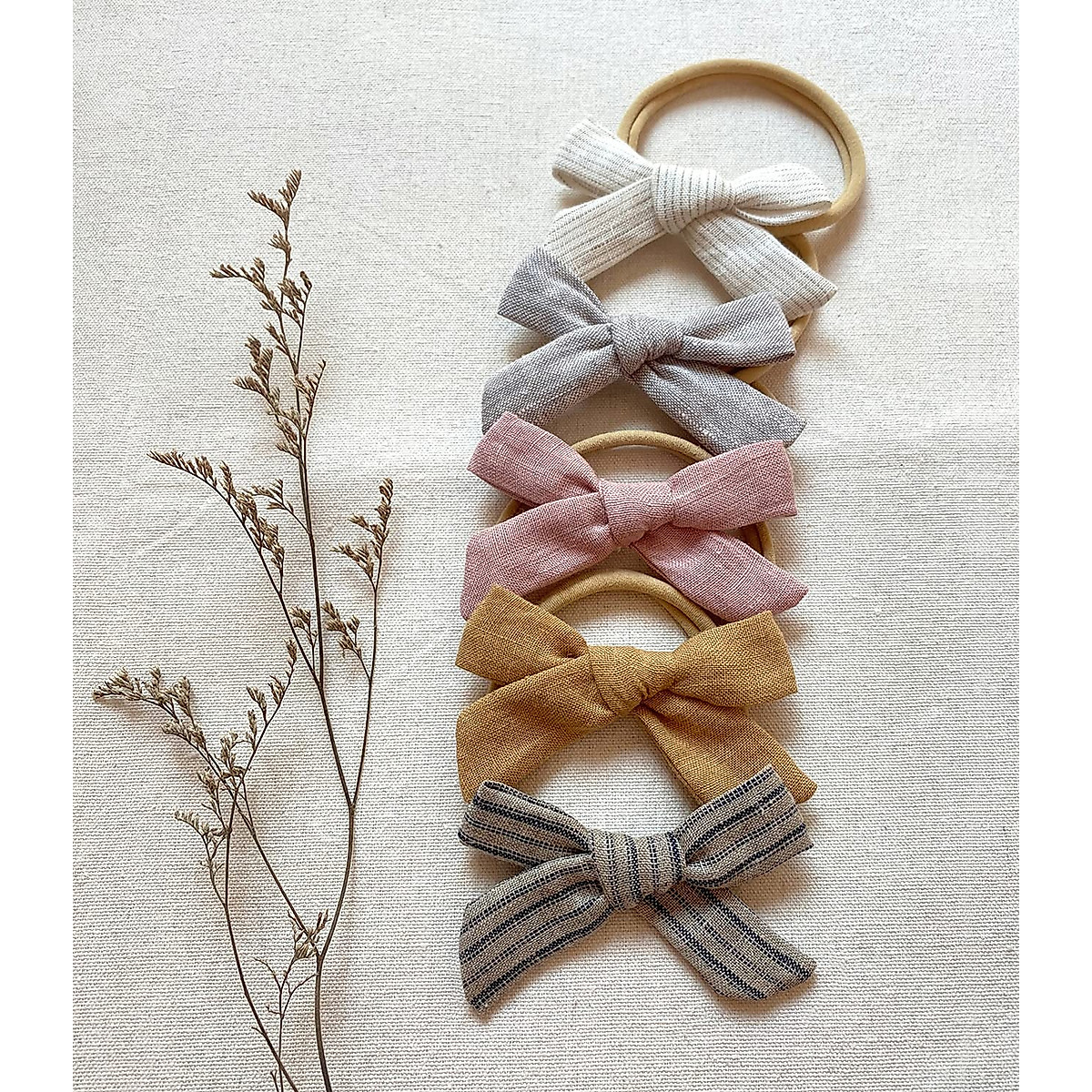 Cherssy Baby Girl 100% Original linen Bows Headbands, 10pcs Super Stretchy Nylon Hairbands For Newborn Infant Toddler