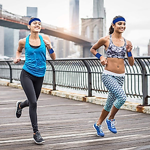 Bememo Striped Sweatbands Set - 2 Sports Headbands and 4 Wristbands for Men and Women (Blue, 6 Pieces)