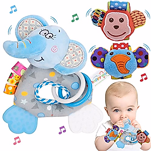 Baby Plush Rattles Toys 0-3-6-12 Months, Soft Hand Grip Toys with Teether, Elephant & Monkey Wrist Rattles for Infant Boy or Girl