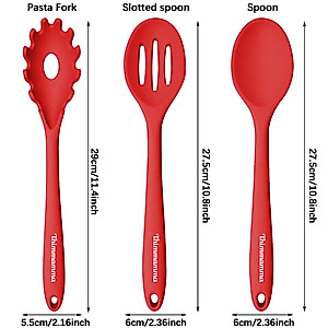 Silicone Cooking Spoons, Heat Resistant Large Silicone Pasta Slotted Spoon Solid Basting Spoon set for Nonstick Cookware, BPA Free Black Kitchen Silicone Spoons set for Mixing, Serving, Draining Red