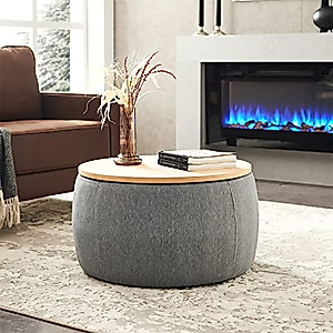 Round Storage Ottoman Accent Storage Footrest Stool Wood Tray Top Coffee Table for Living Room, Bedroom, Dark Gray