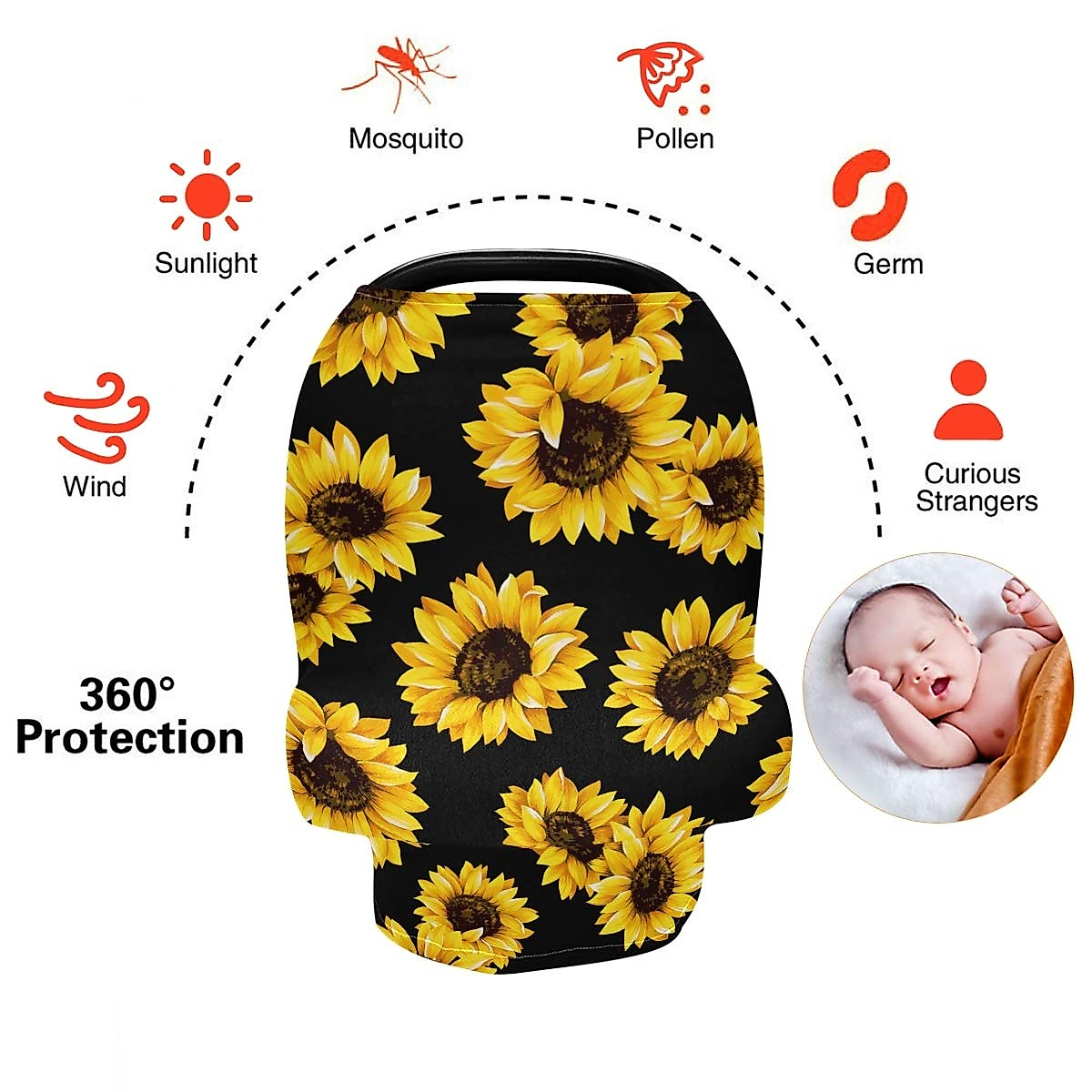 Sunflower Baby Car Seat Covers, Carseat Canopy Cover Nursing Cover Breastfeeding Scarf for Babies Stretchy Coverage, Infant Stroller Covers for Boys Girls