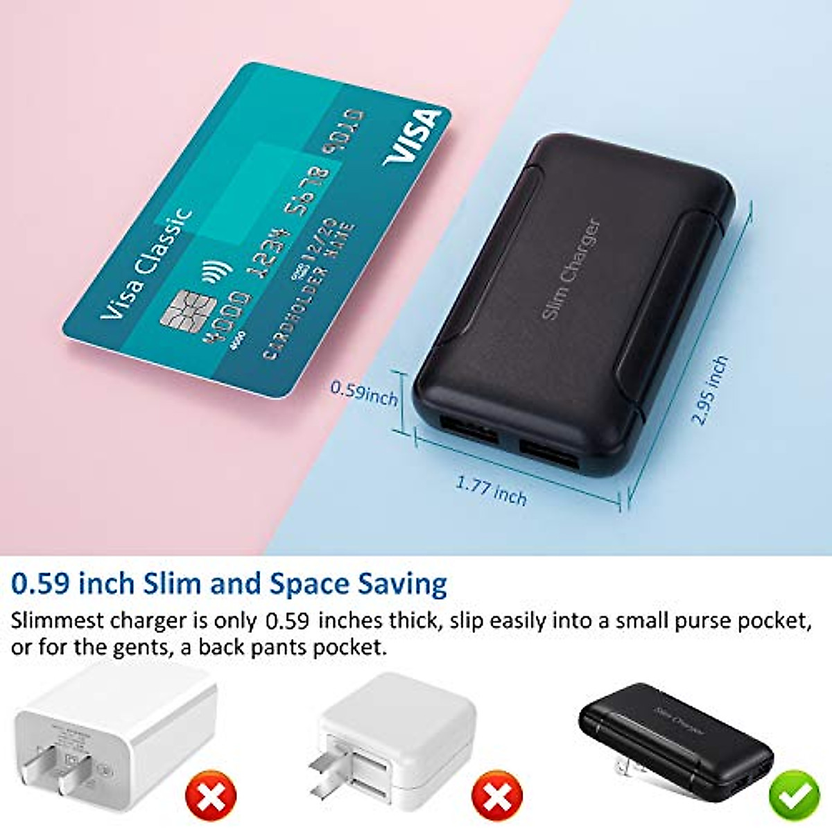USB Wall Charger, Pofesun Dual Port USB Slim Charging Block Power Adapter with Foldable Plug Compatible for iPhone Xs/XS Max/XR/X/8 Plus/7/6S Plus,iPad,Samsung Galaxy,HTC,Moto,LG, Nexus and More-Black