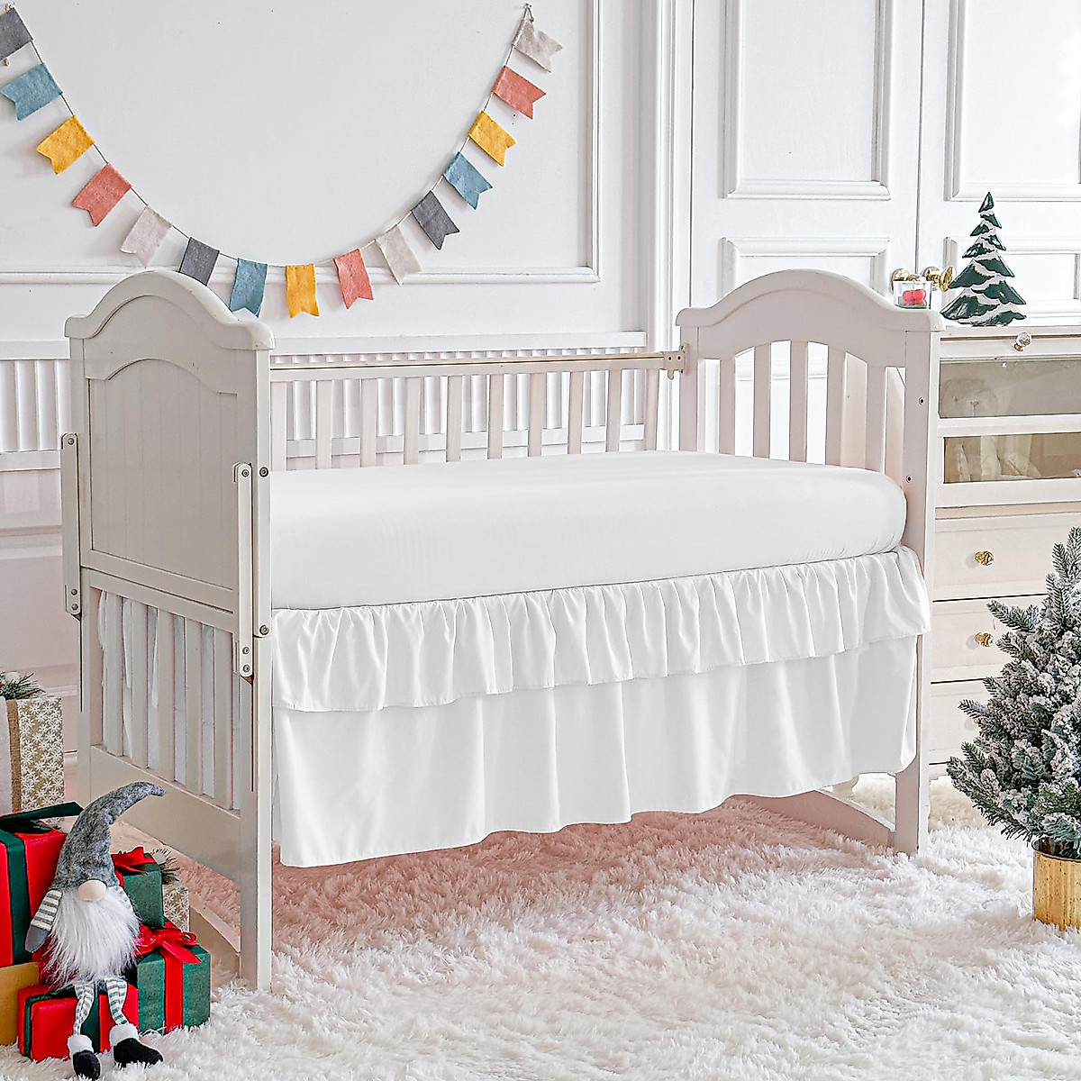 White Crib Bedding Set Tufted Dots Jacquard Baby Comforter with Fitted Sheet and Bed Skirt - Cute Embroidery Boho Shabby Chic Soft Blanket Pom Pom Tufts 3pc Crib Bed Set