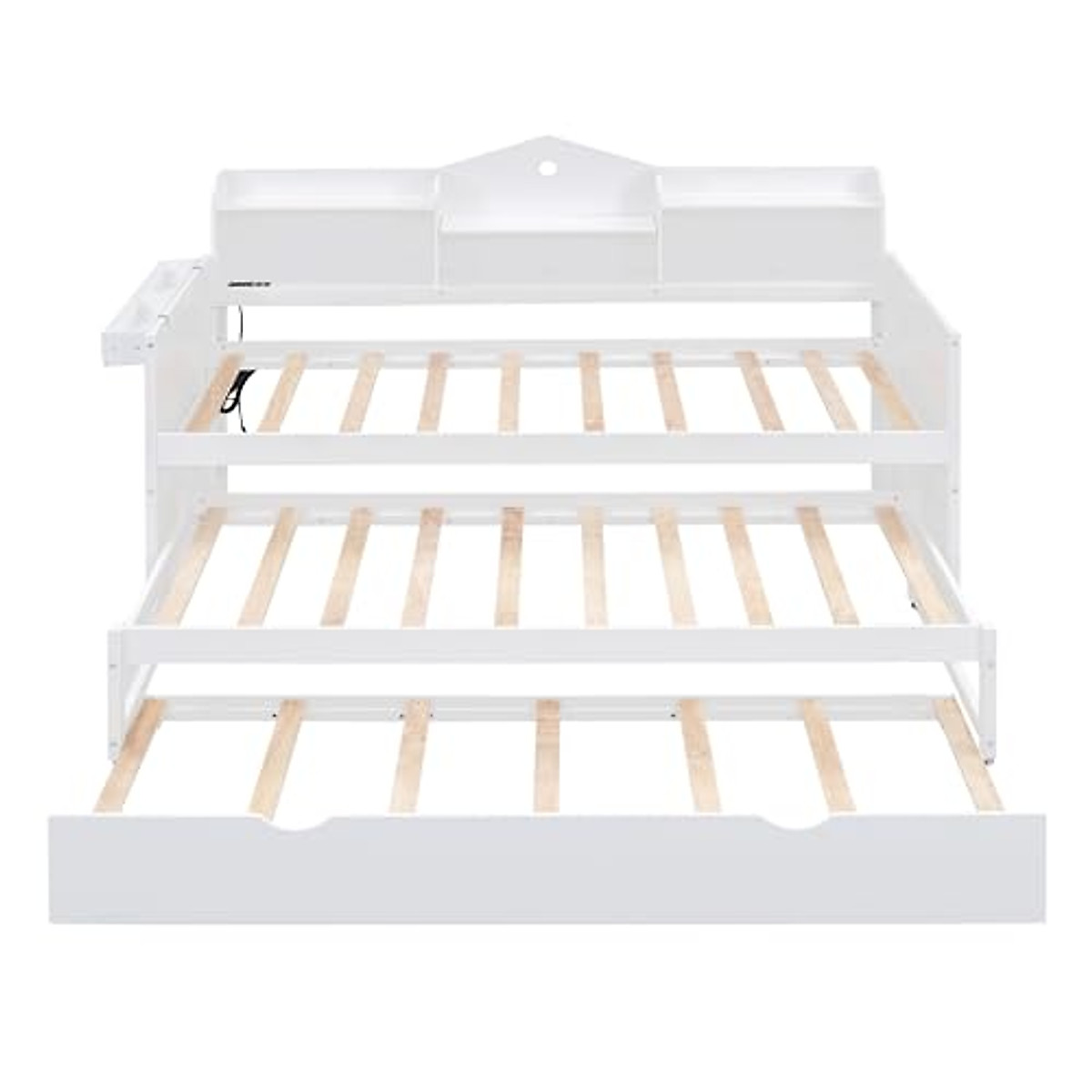 Linuque Twin Size Daybed with 2 Twin Trundles and Storage Shelf, Wooden Sofa Bed Frame with USB Charging Ports, No Box-Spring Needed, White