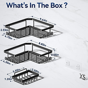 YASONIC Corner Shower Caddy, 3-Pack Adhesive Shower Caddy with Soap Holder and 12 Hooks, Rustproof Stainless Steel Bathroom Shower Organizer, No Drilling Wall Mounted Shower Rack, for Bathroom, Black