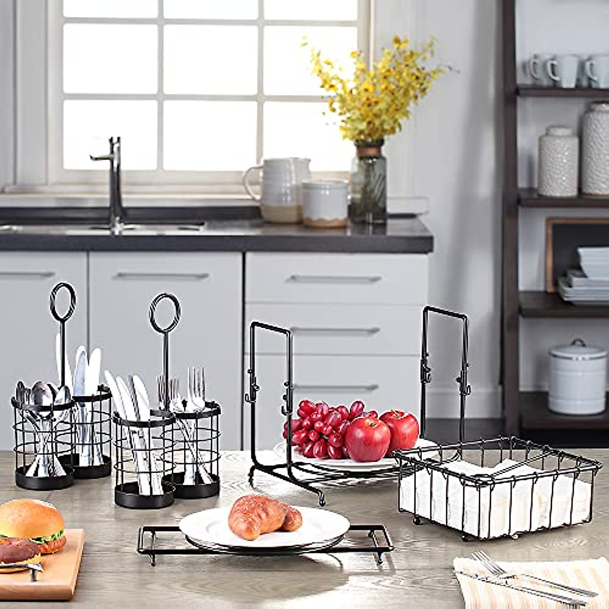 Giftburg Loop & Wire Buffet Caddy Tabletop Organizer, Flatware Napkin and Plate Picnic Caddy Stackable Serving Set, Black