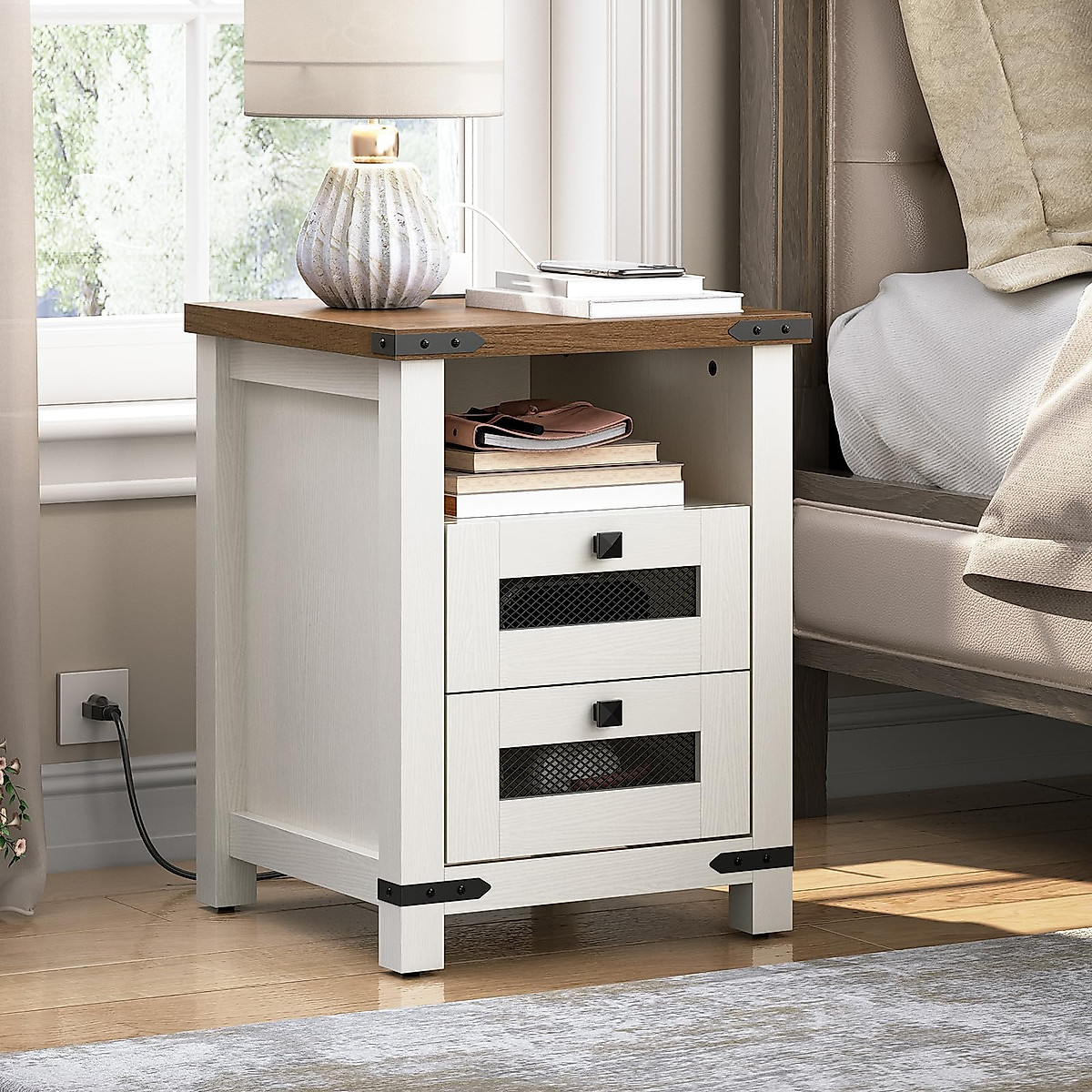HOOBRO Nightstand with Charging Station, Farmhouse End Table with 2 Drawers Storage Cabinet, Sofa Side Table, 18" Rustic Night Stand for Bedroom, Living Room, White and Walnut WH146UBZ01