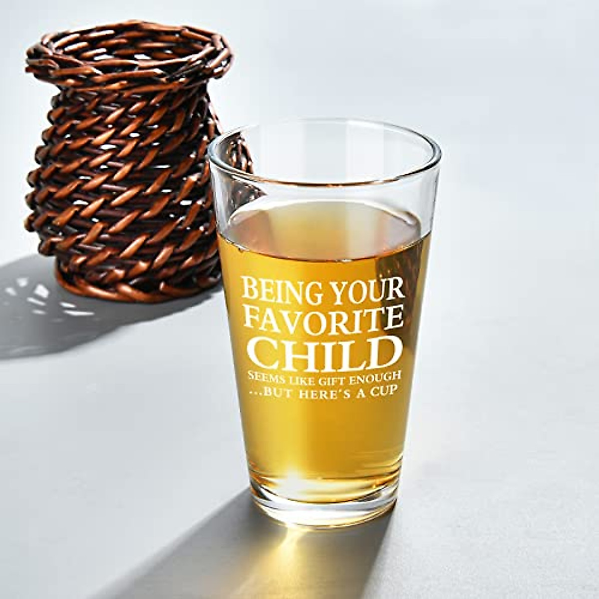 Funny Being Your Favorite Child Beer Glass, Beer Pint glass Gift for Mother’s Day Father’s Day Birthday Christmas Thanksgiving - Gift for Parent Grandparents Mom Dad Uncle Aunt Women Men, 15Oz