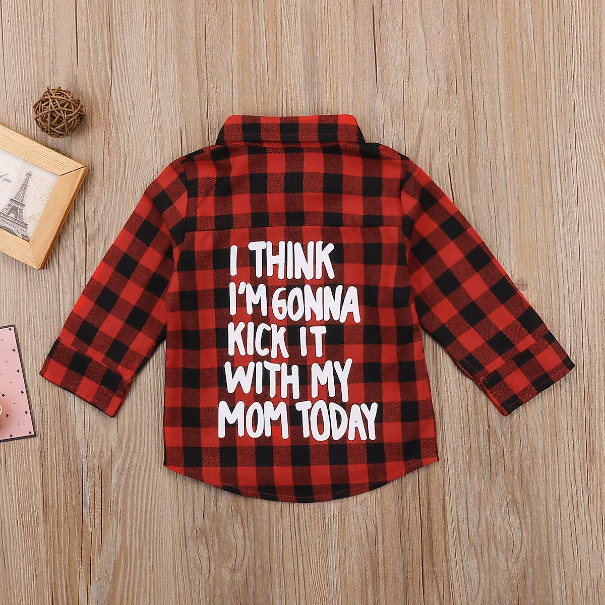 Toddler Baby Boys Girls Flannel Plaid Shirt Long Sleeve Lepel Button Down Back Letters Print Shacket Coat Top (Red Kick It with Mom,1-2 Years)