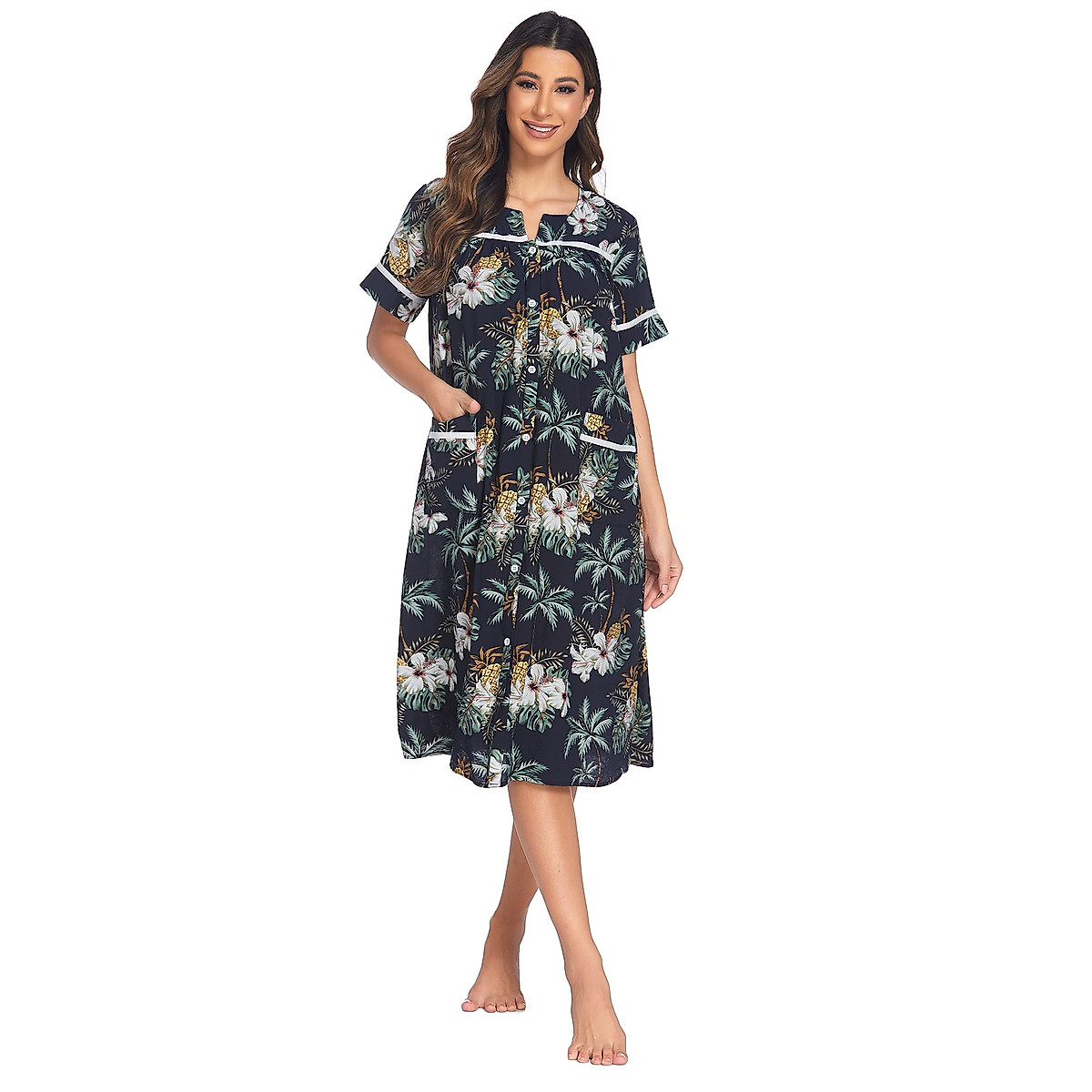 Ekouaer House Dress for Women with Pockets Button Front Duster Housecoat Short Sleeve Nightgown Dress Floral Woven Lounger Robe, Navy, Large