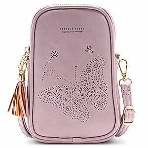 APHISON Cell Phone Purse Crossbody for Women, Butterfly Leather Phone Crossbody Bags for Women, Cute Phone Bag for Teen Girls with Tassel Adjustable Long Strap Purple