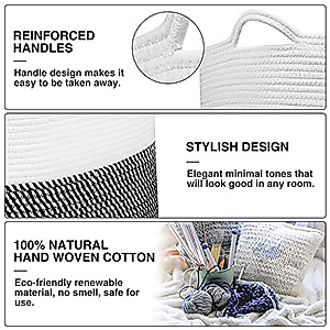 Large Woven Cotton Rope Storage Basket with Handle Laundry Basket Baby Toy Storage Basket Clothes Blanket Basket Bedroom Living Room Laundry Basket (22''*14'') (black & white)