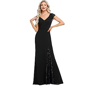 Ever-Pretty Women's Elegant Sequins Short Sleeve V Neck Long Maxi Formal Dresses Black US6