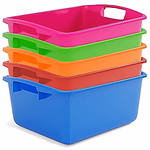 Zilpoo 5 Pack - Plastic Book Bins for Classroom Library, Cubby Shelf Toy Storage Organizer Box with Handles, Bulk Teacher Supplies Holder, Colored