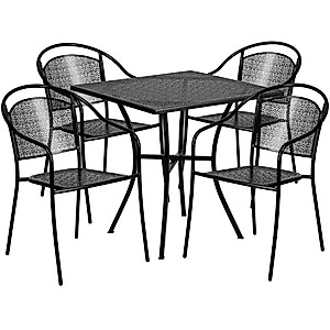 Flash Furniture Oia Commercial Grade 28" Square Black Indoor-Outdoor Steel Patio Table Set with 4 Round Back Chairs