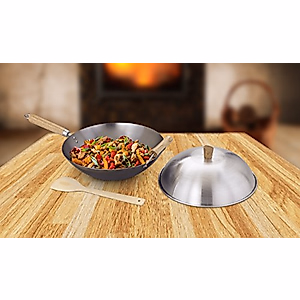 Helen's Asian Kitchen Helen Chen's Asian Kitchen Flat Bottom Wok, Carbon Steel with Lid and Stir Fry Spatula, Recipes Included, 13.5-inch, 4 Piece Set, 13.5 Inch, Silver/Gray/Natural