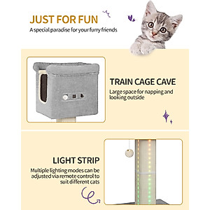 Hzuaneri 39-Inch Cat Scratching Post Tower with Bed, Cat Tower with LED Light Strip, Cat Scratcher Post with Woven Sisal, Condo, Pompom, Light Gray MS99018LG