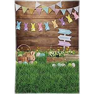 ZTHMOE 5x7ft Durable Fabric Spring Easter Photography Backdrop Rabbit Eggs Wooden Wall Flowers Grass Background Bunny Flag Portrait Photo Booth Props
