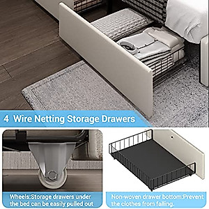 DICTAC Queen Bed Frame with LED Headboard and 4 Storage Drawers Upholstered Platform Bed Frame with USB Ports and Led Lights Modern Queen Size Led Bed Frame,Linen Fabric,No Box Spring Needed,Off White