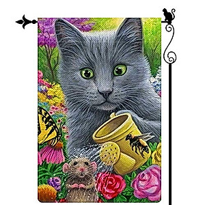 Gormcore Cute Small Cat Garden Flag Kitty Mouse Floral Small Garden Flag Spring Summer Vertical Double Sided Rustic Farmland Burlap Yard Lawn Outdoor Decor 12.5x18
