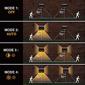 AURAXY Motion Sensor Outdoor Lights, Solar Wall Light with Optical Lens and 3 Modes Lights, Battery Motion Sensor Security Lights, IP44 Waterproof Solar Lights Outdoor for Garden Patio Yard (4 Pack)