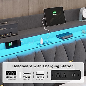 BYSAUD King Size Storage Bed Frame with Hidden Space and 2-Tier Shelves,King Bed Frame with Heaboard,King Size Bed Frame with LED Lights,Charging Station,No Box Spring Needed,Dark Gray,Linen Cloth