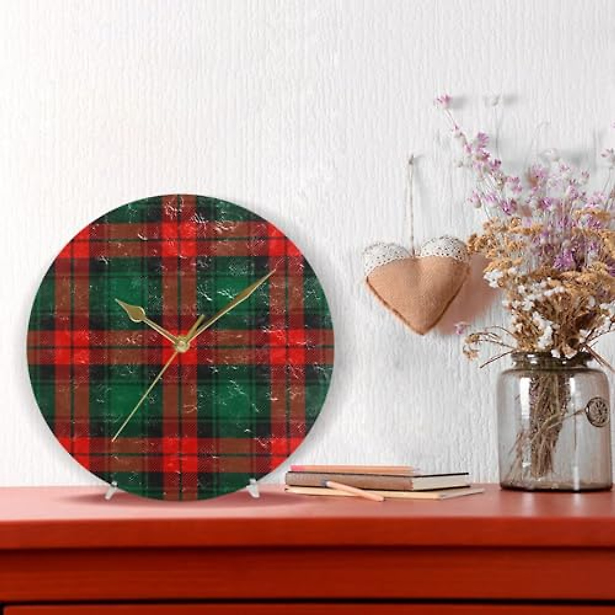 Haskirky Round Digital Clock Red and Green Grid Creative Decorative Quiet Not Ticking Clock,Bedroom Living Room Bathroom Kitchen Office Wall Ornament (Gold 10x10In)