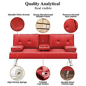 DKLGG Convertible Futon Sofa Bed, Reclining Lounge Couch Sofa with Armrests, 2 Cup Holders Faux Leather Upholstered and Metal Legs Sleeper Sofa Perfect for Living Room, Small Space, Apartment