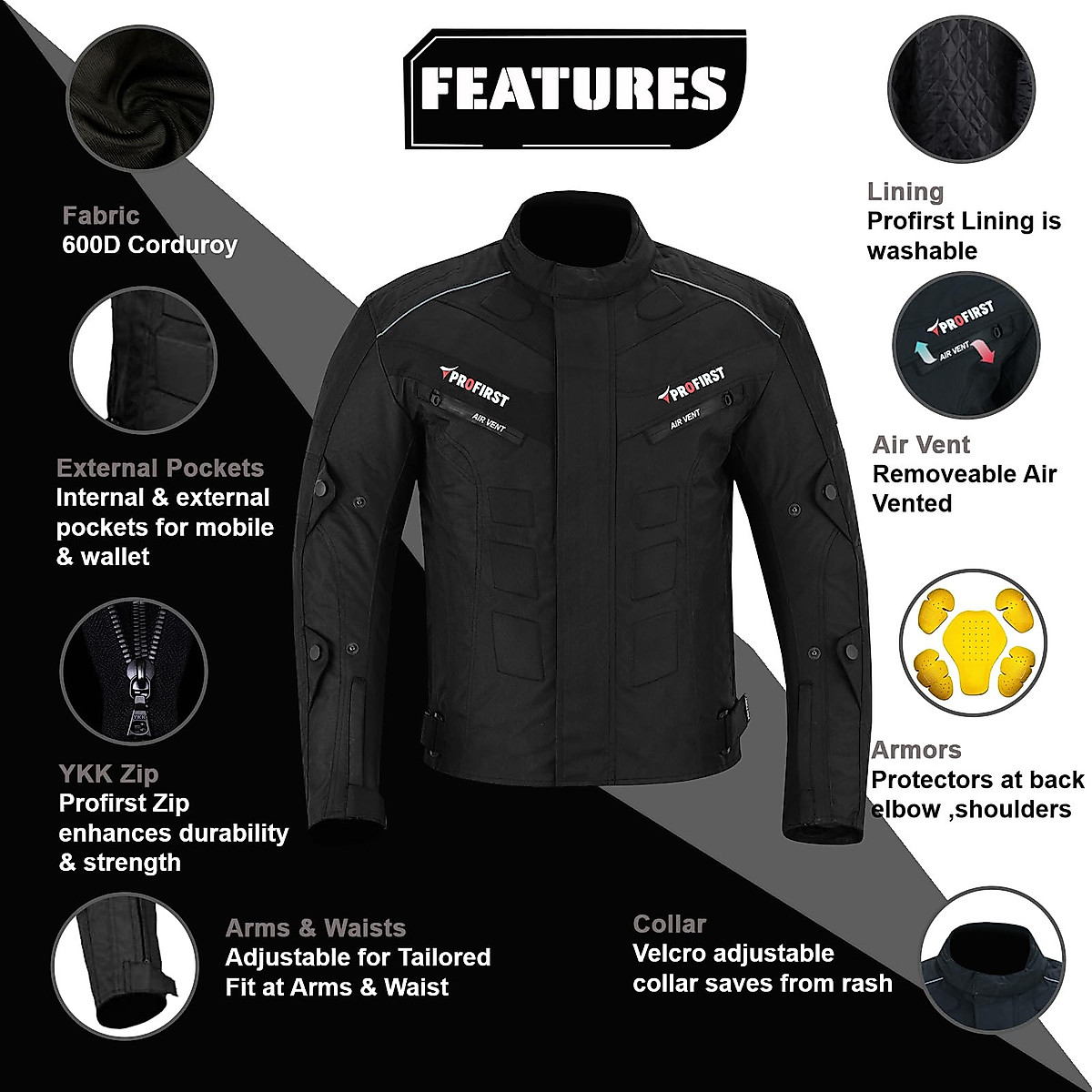 PROFIRST Motorbike Men’s Riding Jacket Motorcycle Jacket for Men Waterproof Jacket CE Armored Protection Black X-Large