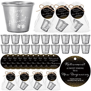 Havawish 25 Sets Retirement Party Favors for Guests Cheers to Retirement Short Glasses Stainless Steel Shot Glasses with Thank You Tags Organza Bags Retirement Souvenirs Party Decorations