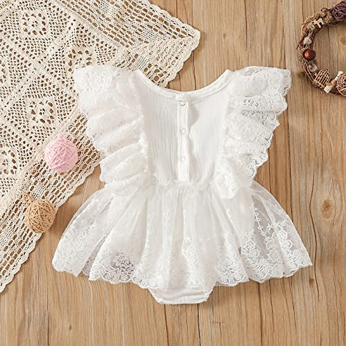 Kayotuas Newborn Infant Baby Girls Butterfly Sleeve Romper Clothes Ruffle Lace Bodysuit Tutu Dress Jumpsuit Princess Outfit (White Lace Onesie Dress,12-18 Months)