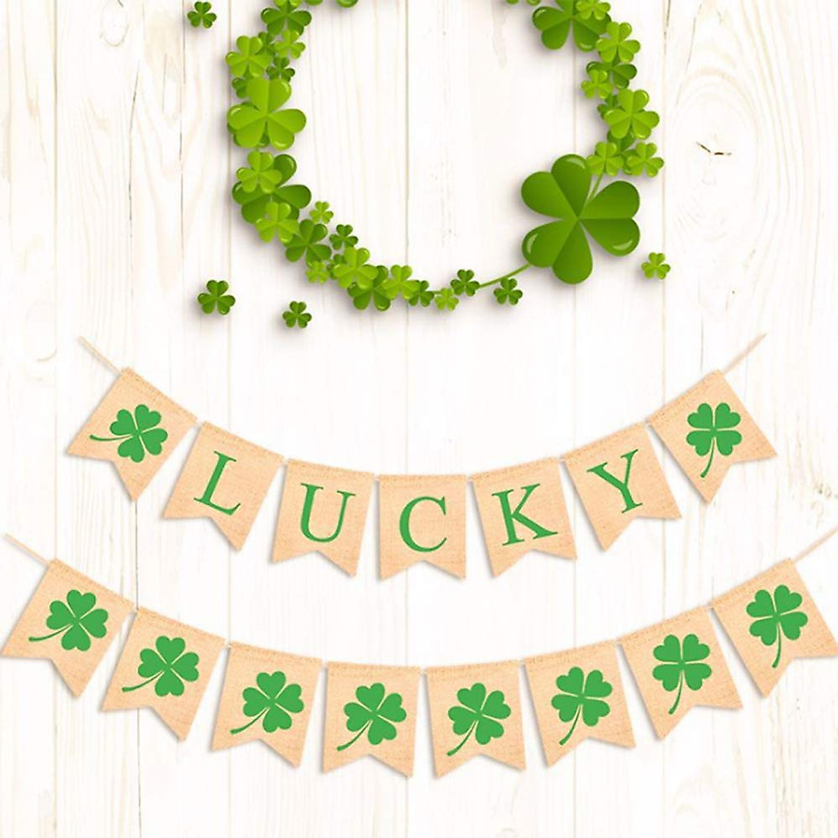 NY 2 Pack Shamrock Burlap Banner,Burlap Banner for Mantel Fireplace Spring Holiday Accessory Wall Decorations Home Indoor Outdoor Party Green Decor