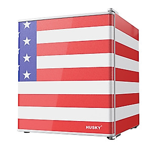 Husky 43L Countertop Mini Refrigerator with Reversible Door, Beverage Cooler with 40 Can Capacity, College Dorm Refrigerator, Beverage Refrigerator for Home and Office (US Flag)