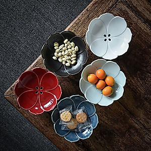 Kelendle Pedestal Fruit Bowl Centerpiece Decorative Compote Footed Bowl Ceramics Dessert Serving Bowl Tray Display Stand Lotus Drain Plate for Kitchen Counters for Fruits Breads Snacks (Red)