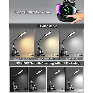 GOLSPARK Desk Lamp with Wireless Charger for Home Office, Eye-Caring Reading Lamp 3 Color Modes Stepless Dimming LED Desk Lamp, Touch Table Lamp with Pen Holder, CRI 90 AC Adapter Included