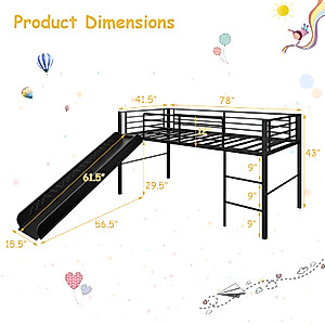 Giantex Twin Loft Bed with Slide, Metal Low Bunk Bed w/Safety Guardrails & Built-in Ladder, Toddler Bed Floor Frame for Boys & Girls, No Box Spring Needed (Black)