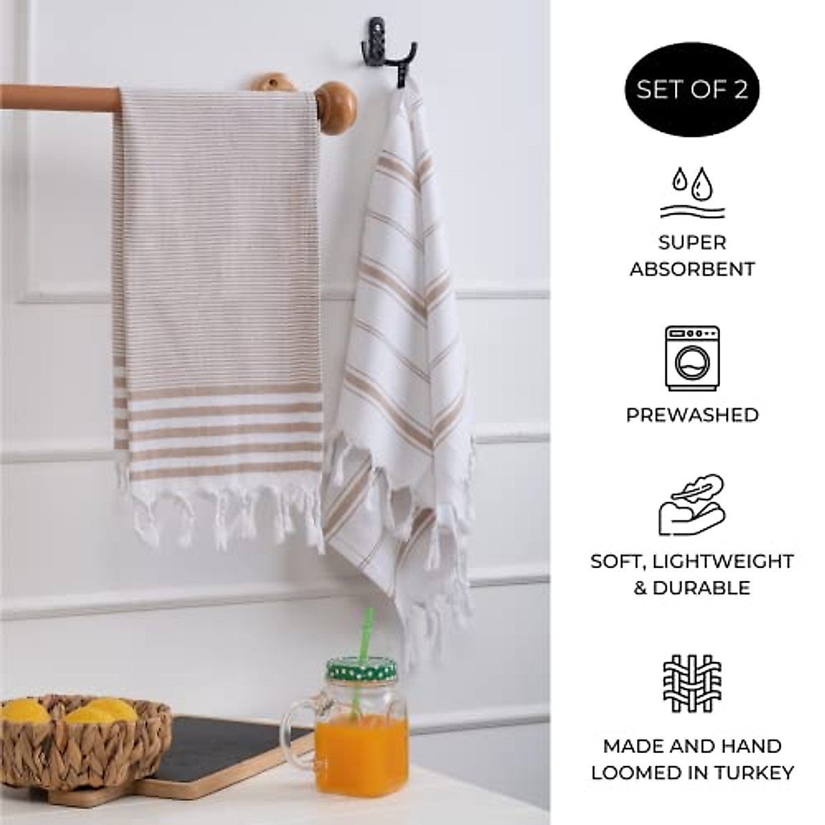 FESHKA Turkish Hand Towels Set of 2-100% Organic Cotton, 18x32 Prewashed Super Absorbent Peshtemal Towel for Hand, Kitchen, Face, Hair, Gym, Dishcloth, Yoga, Tea, Farmhouse Boho Decor (Brown)